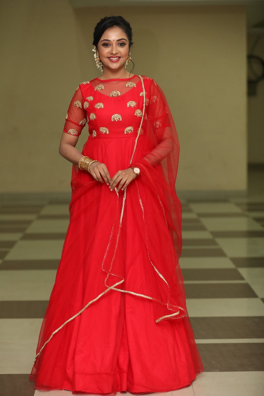 Red hand embroidery net anarkali – YoshnasByEla